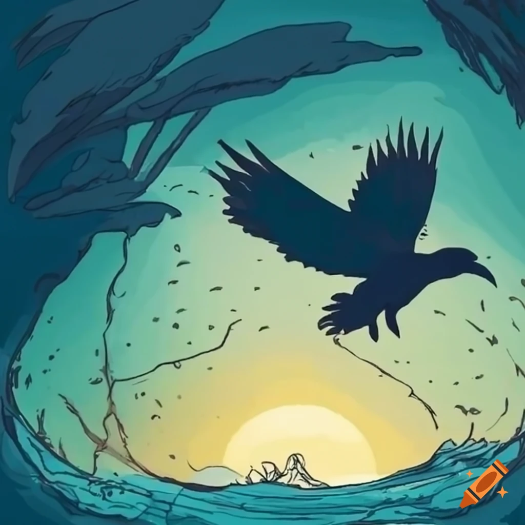 Raven flying over an endless sea in Ghibli art style on Craiyon