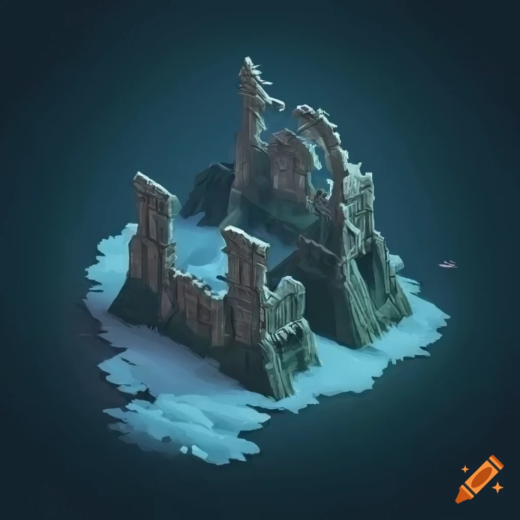 Detailed isometric kit depicting winter nature, forbidden forest, ruins ...