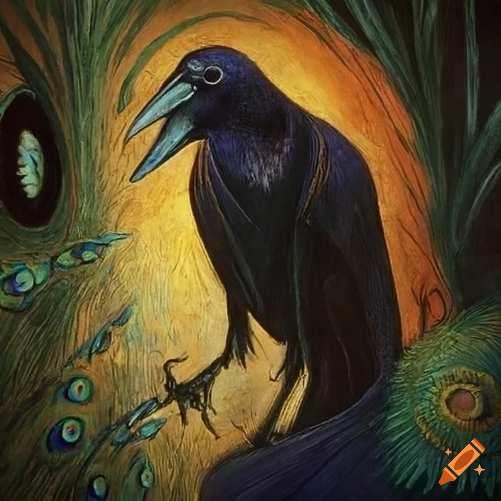 Raven in a colorful iridescent peacock feather cloak walking in a ...