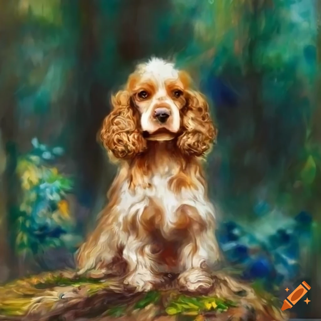 Fluffy cocker spaniel in a forest with an anthill, in the style of ...
