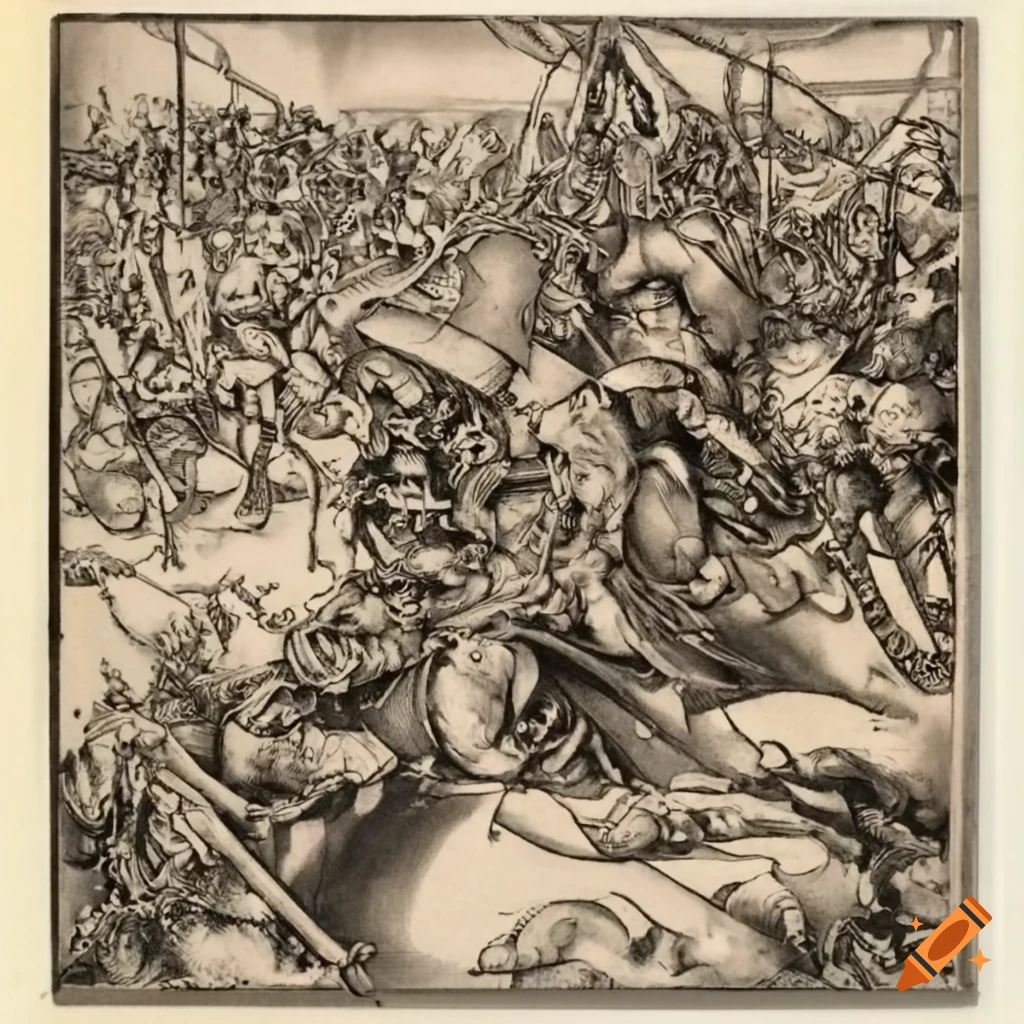 Army of mythical creatures and knights in a 15th-century war scene on ...