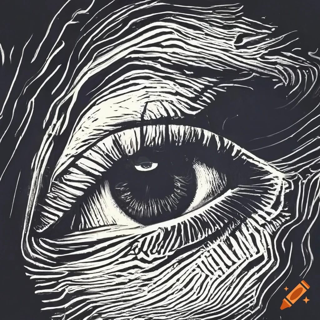 Monochrome linocut print of a human eye with maximum contrast on Craiyon