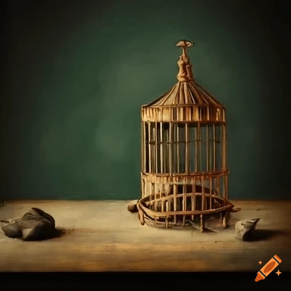 Detailed birdcage with ropes and rocks on a table in a medieval ...