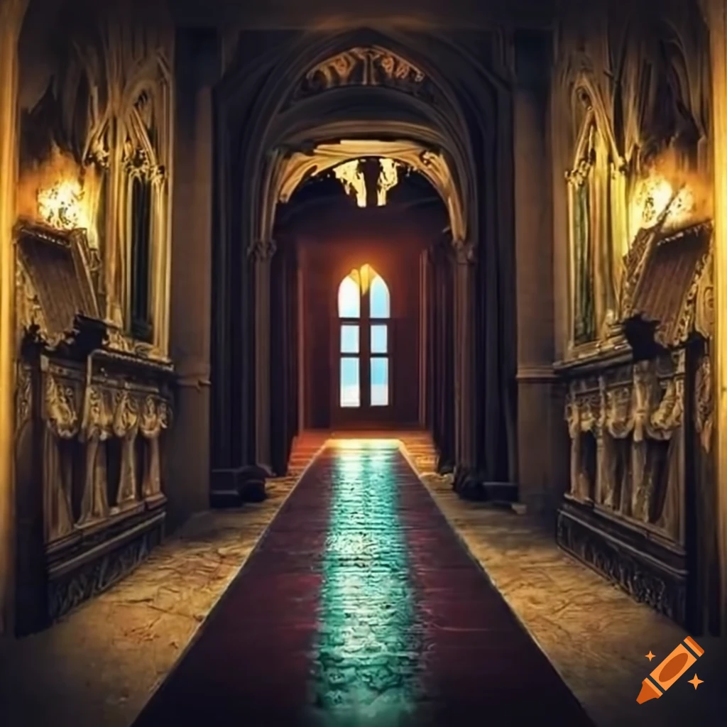 Entry hallway of a haunted mansion with gothic architecture and ...