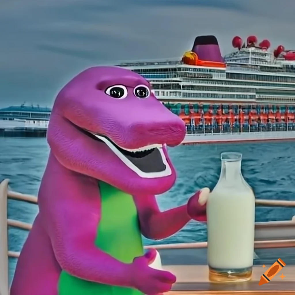 Barney the dinosaur with cats and a glass of milk looking at a cruise ...