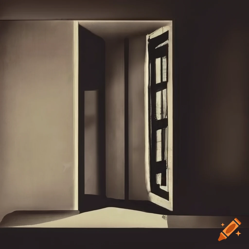 Retro surrealist art depicting rooms, windows, and strange forms in ...