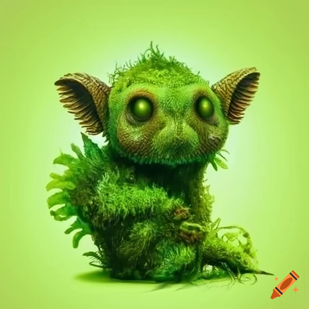 Adorable fantasy creature covered in green moss with lush ferns on its ...
