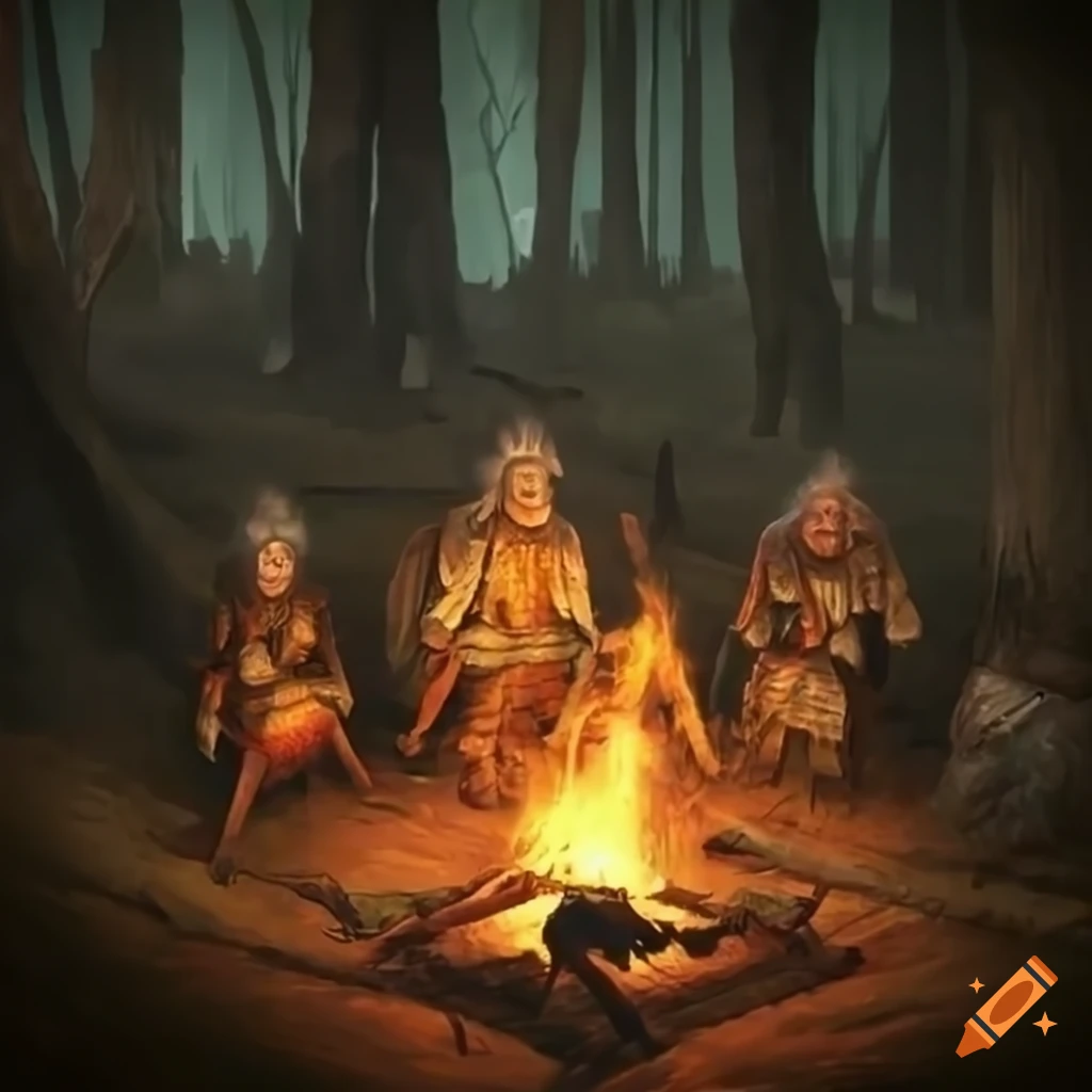 Camp fire in an epic medieval rpg fantasy forest landscape on Craiyon