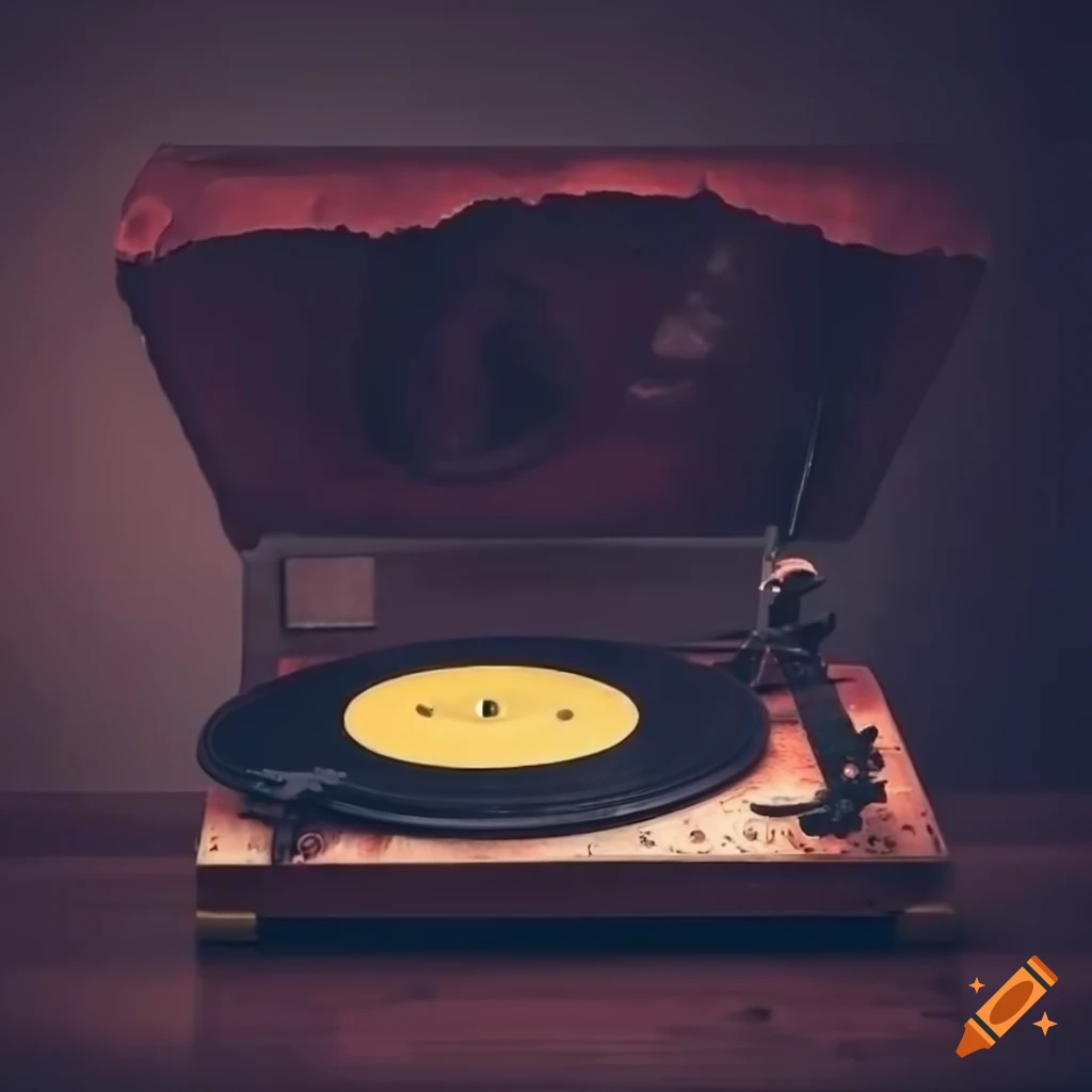 Damaged vintage record player in a dimly lit room on Craiyon