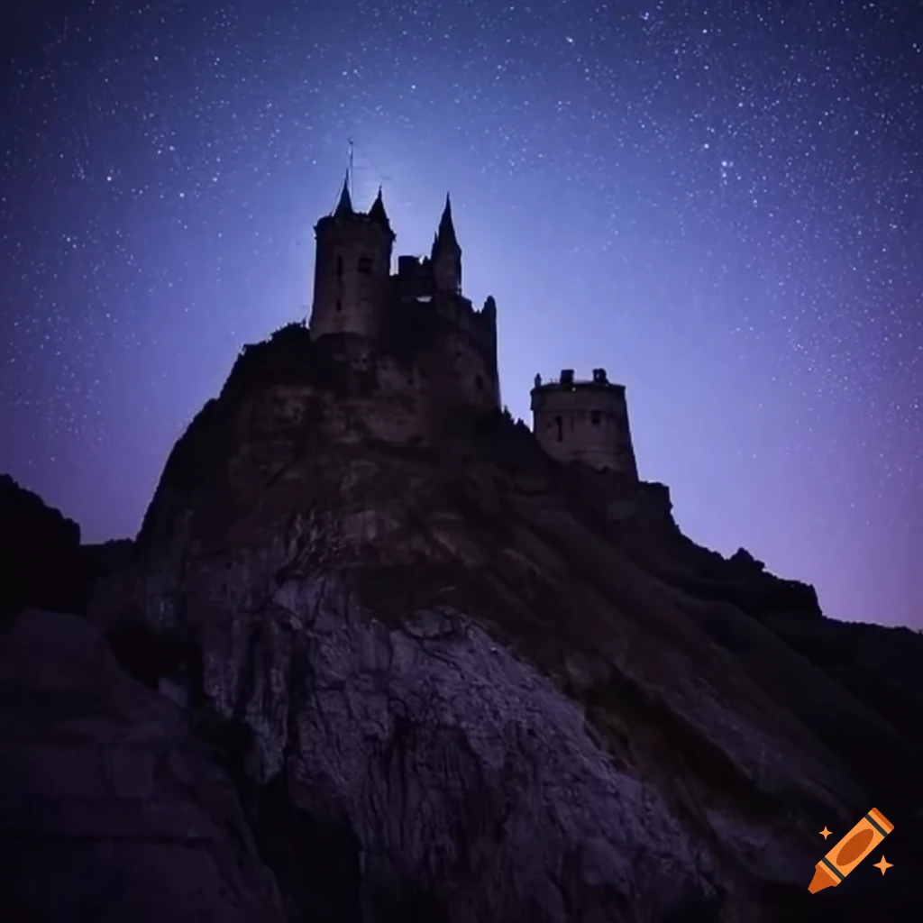Castle with over 10 high towers perched on a rugged cliff under a starry night on Craiyon