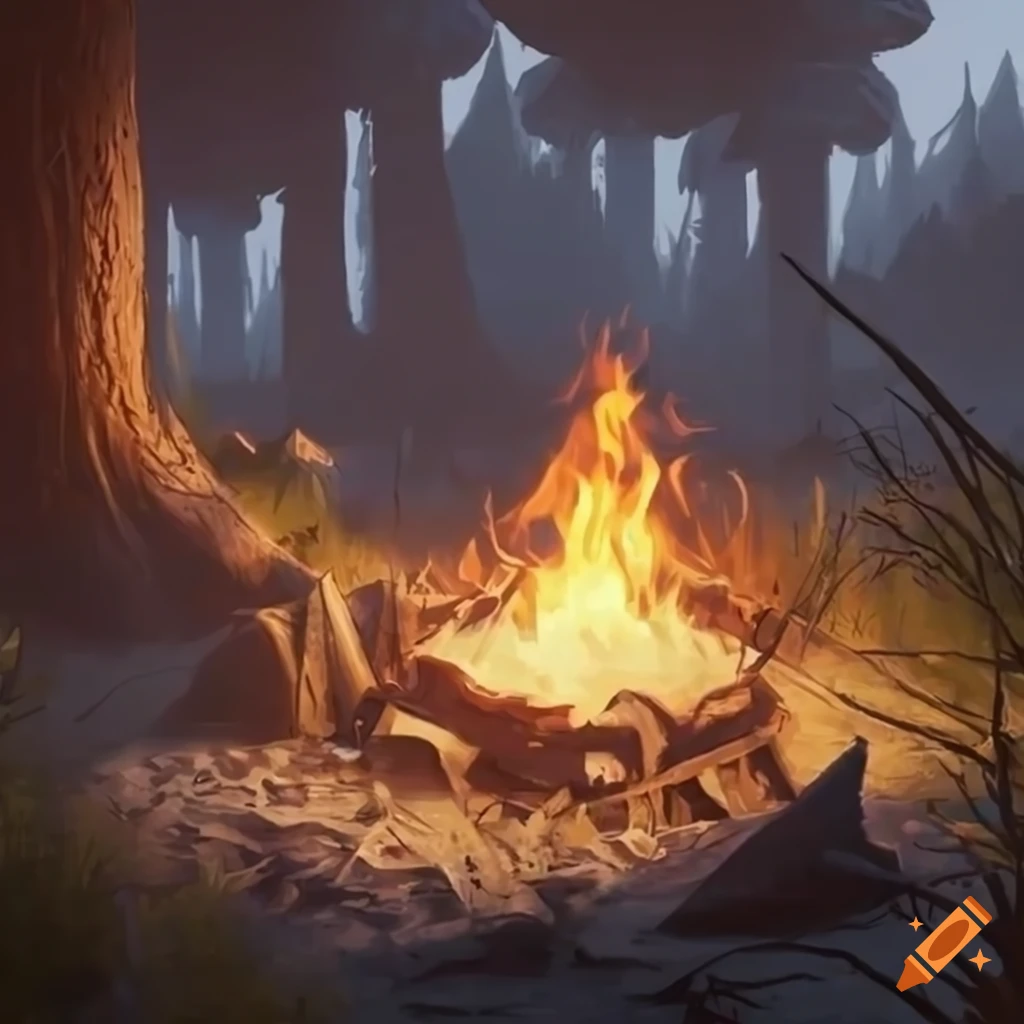 Small camp fire in an epic medieval rpg fantasy forest landscape on Craiyon