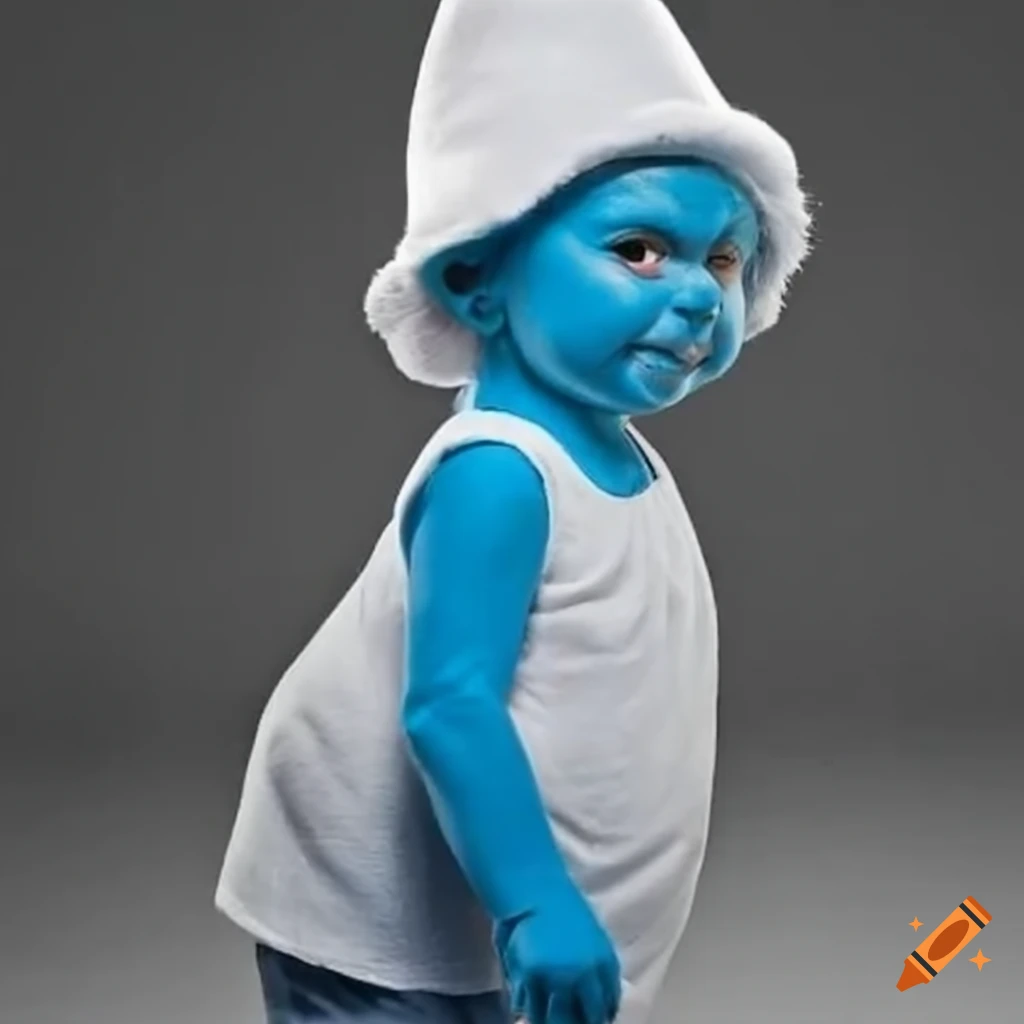 Child wearing a smurf costume with a white hat on Craiyon