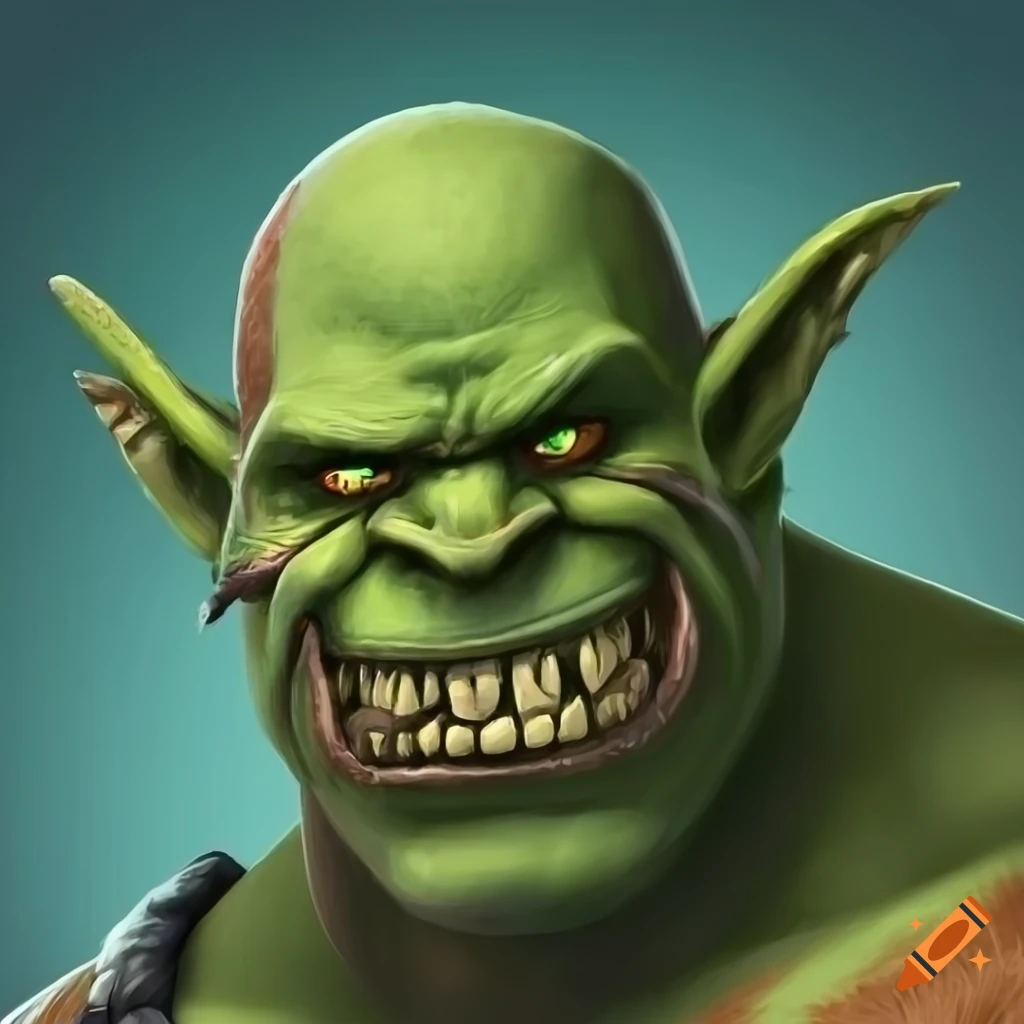 Realistic portrait of a smiling orc with upward-pointing tusks and bald ...