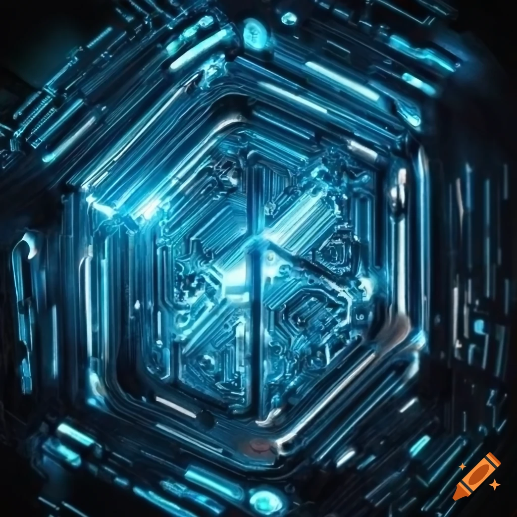 Processor cube with wires in a science fiction setting on Craiyon