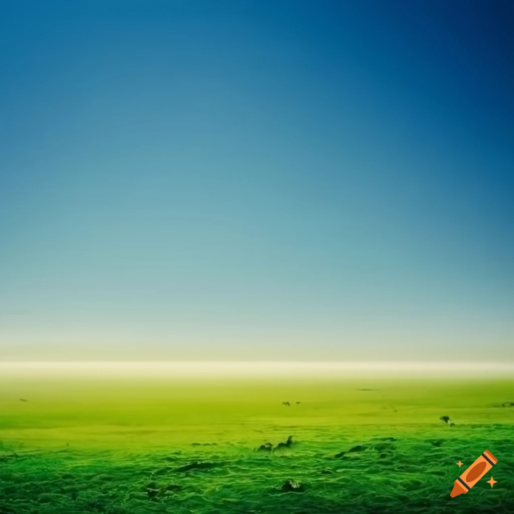 Beautiful green meadow under a clear blue sky with fog on Craiyon
