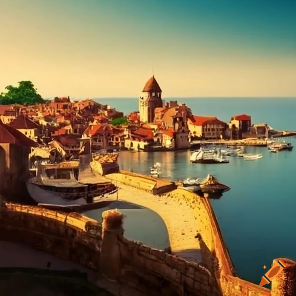 Bright and bustling medieval port city on the coast on Craiyon