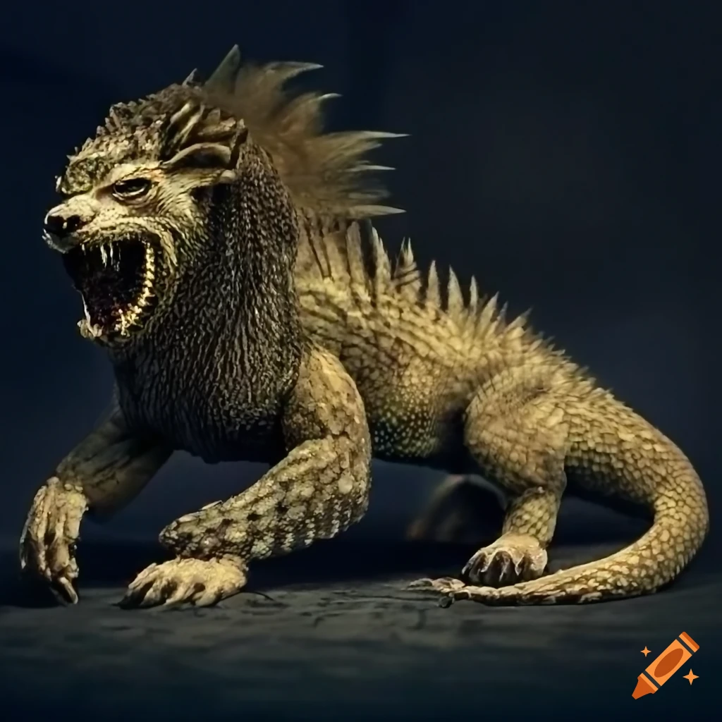 Greek chimera with spiky mane, scaly armor, and long reptile tail in ...