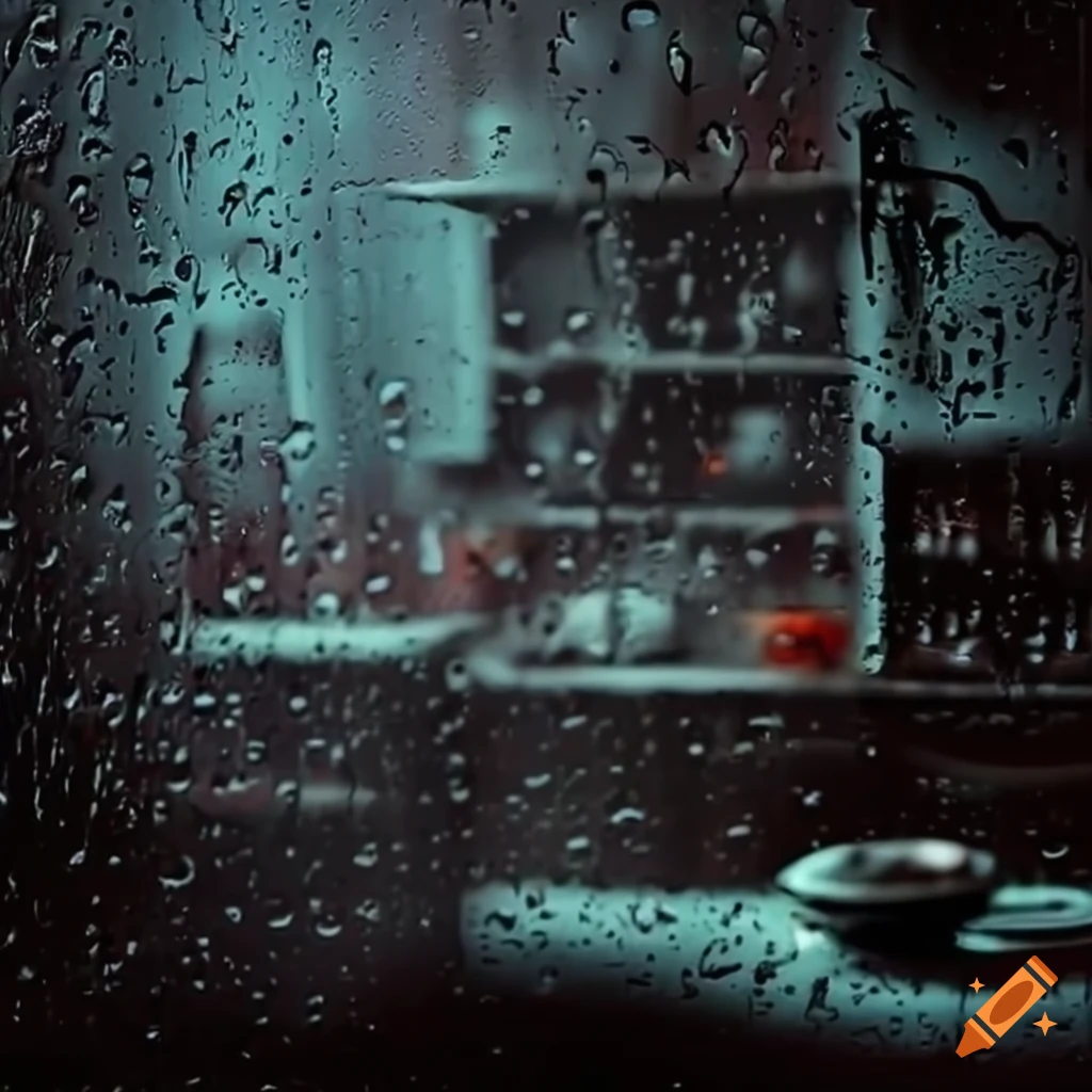 Dark and eerie kitchen with rain-drenched window on Craiyon