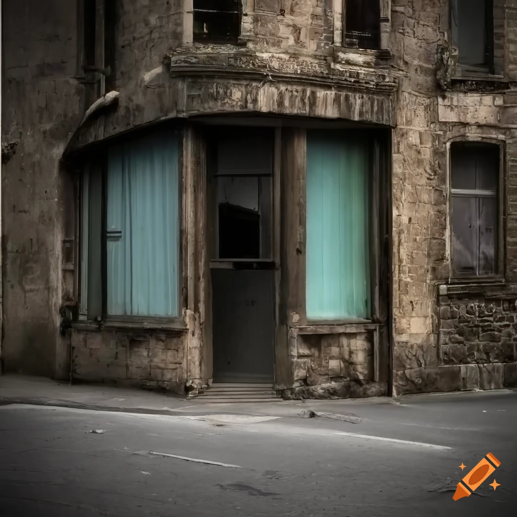 Old dilapidated stone store with ivy on a street corner on Craiyon