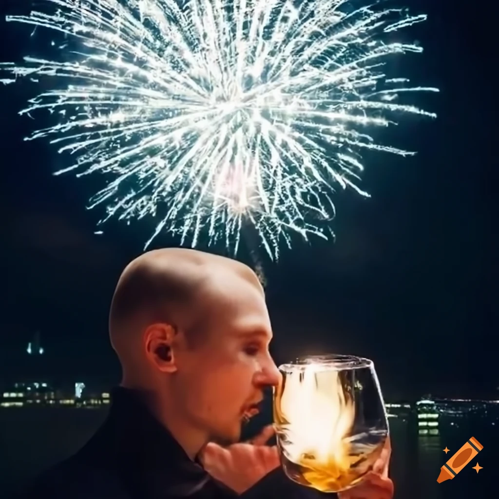 Blond man enjoying fireworks in the city while drinking champagne on ...