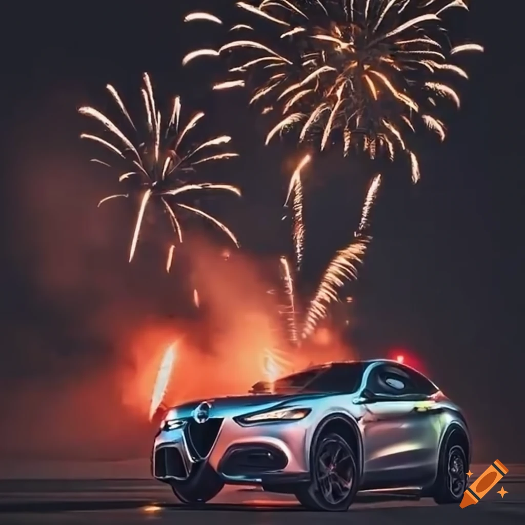 Silver alfa romeo stelvio with fireworks in the background on Craiyon