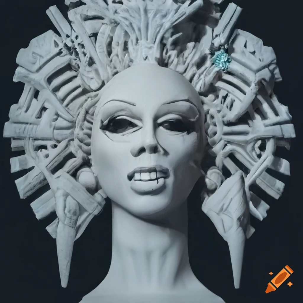 Rupaul bust with science-fiction headdress in antique style on Craiyon
