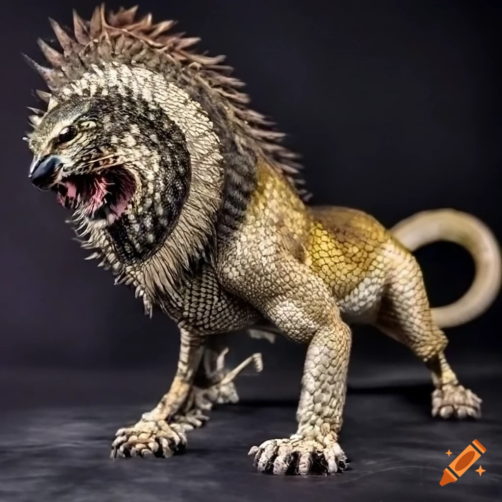 Greek chimera with spiky mane, scaly armor, and long reptile tail in ...