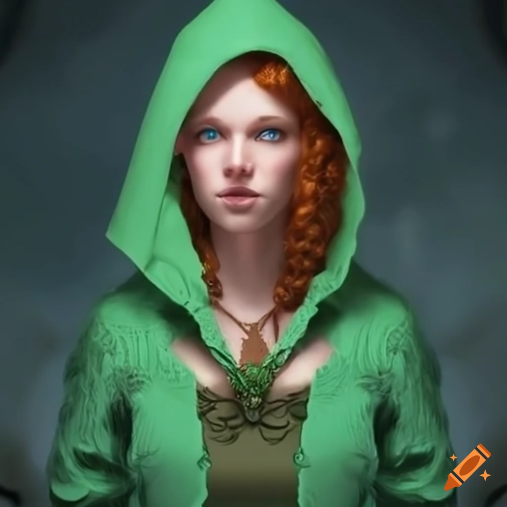 Tall elf spellcaster with ginger curly hair and golden eyes, wearing ...