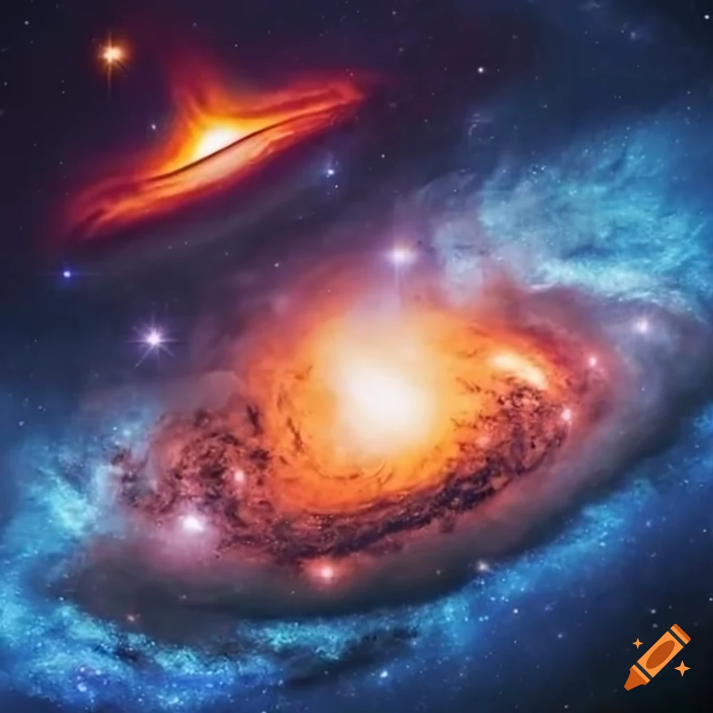 Celestial beings colliding amidst a sea of fiery orbs on Craiyon