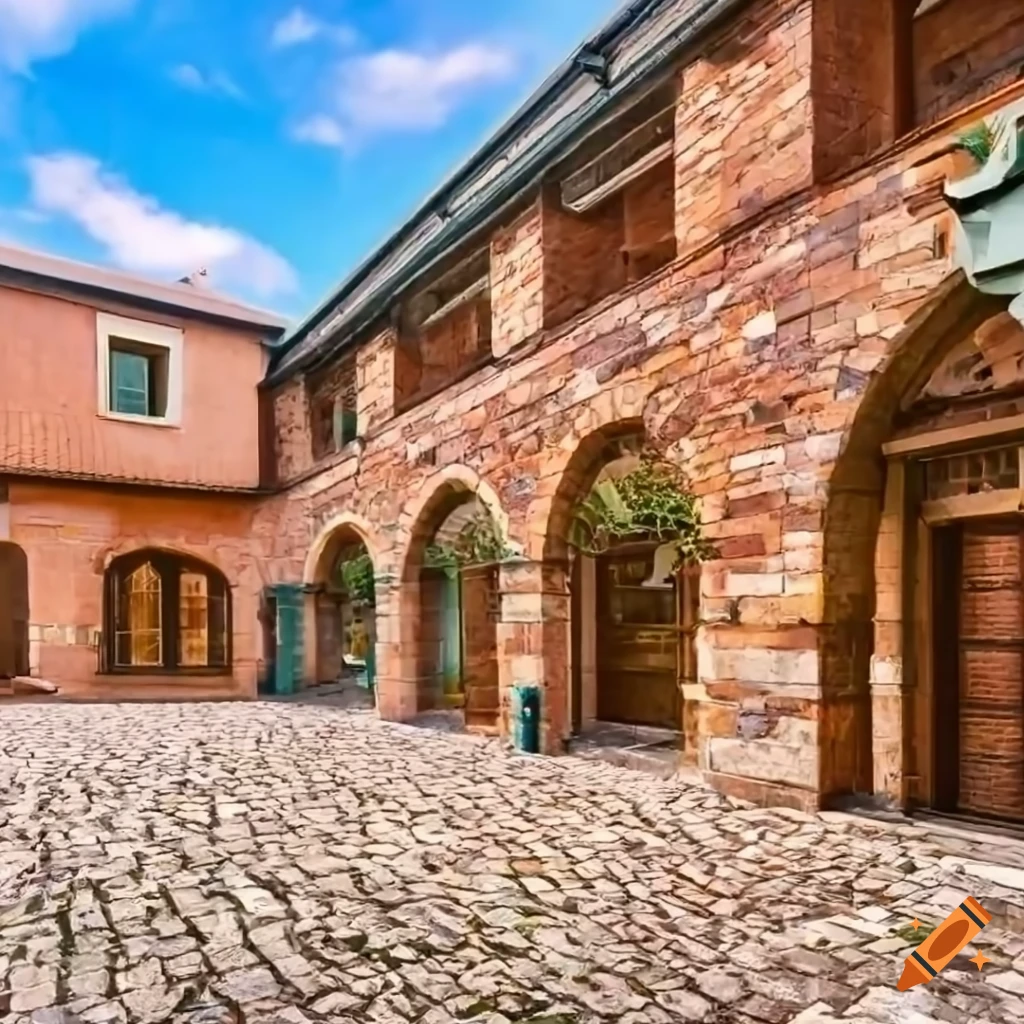 Historic cobblestone courtyard with vibrant medieval architecture on ...