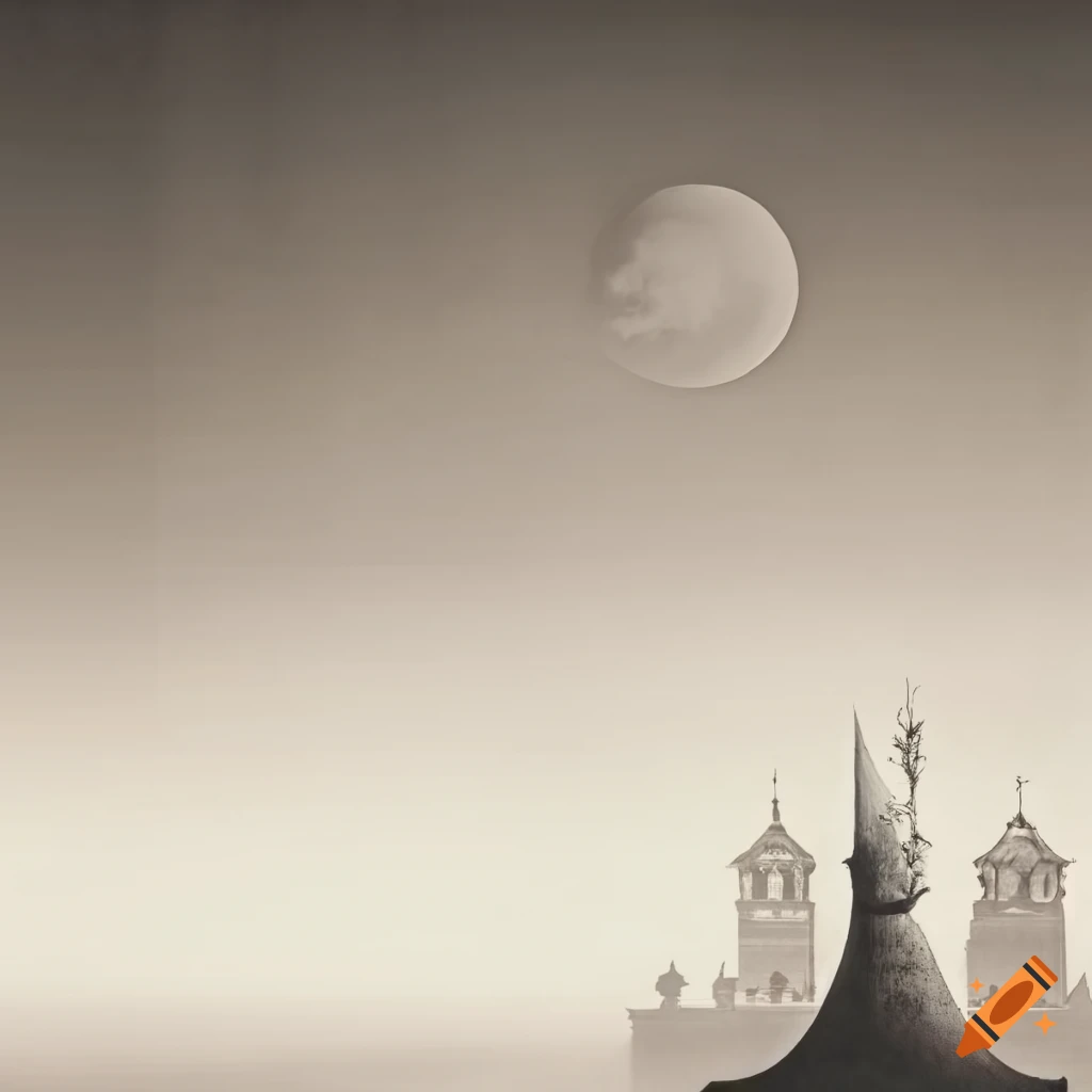 Vintage surrealistic art with room and window motifs in grayscale and ...