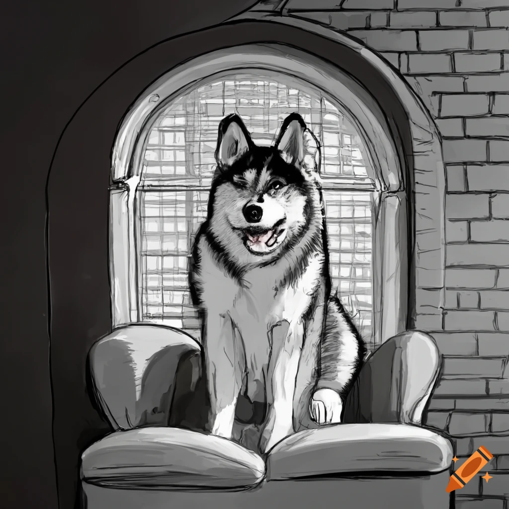 Husky sitting in armchair in front of arched window in black and white ...