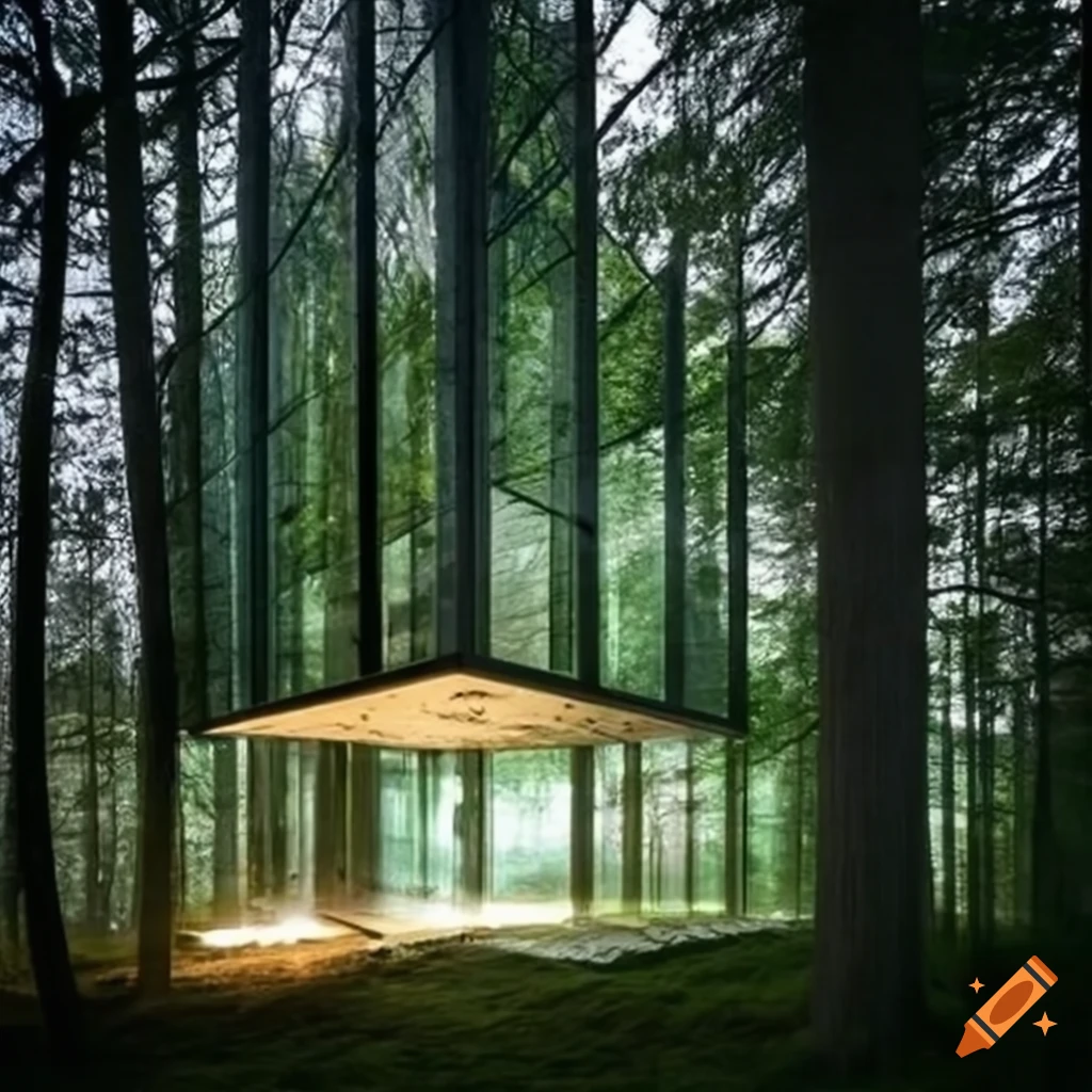 Contemporary glass architecture in a peaceful forest setting on Craiyon