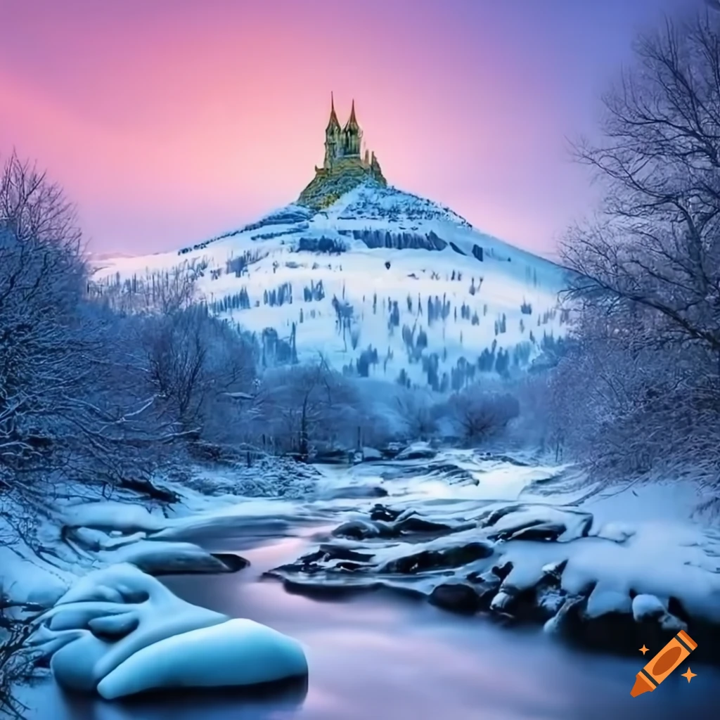 Breathtaking winter wonderland landscape with golden crystal castle ...