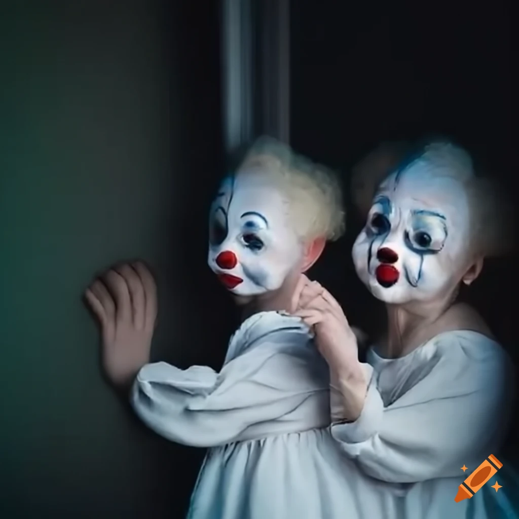 Three pale clowns with hands stuck in window blinds on Craiyon