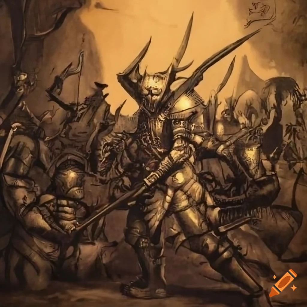 Marching army of knights and creatures in an old-style engraving on Craiyon