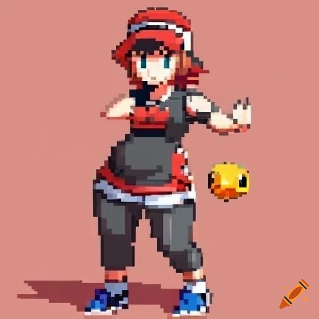 Full body pixel art of a female pokemon trainer in anime style on Craiyon