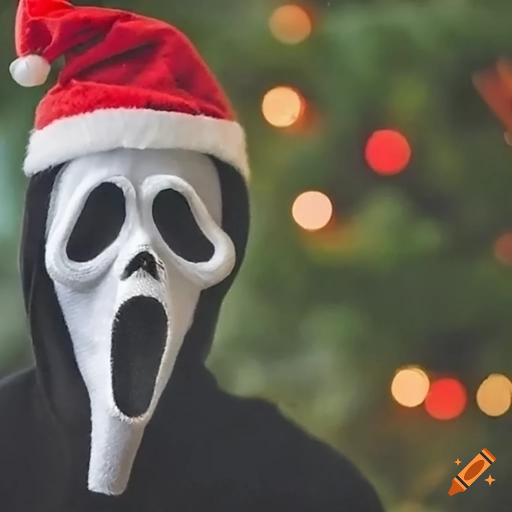 Ghostface wearing a christmas hat with a christmas tree in the ...