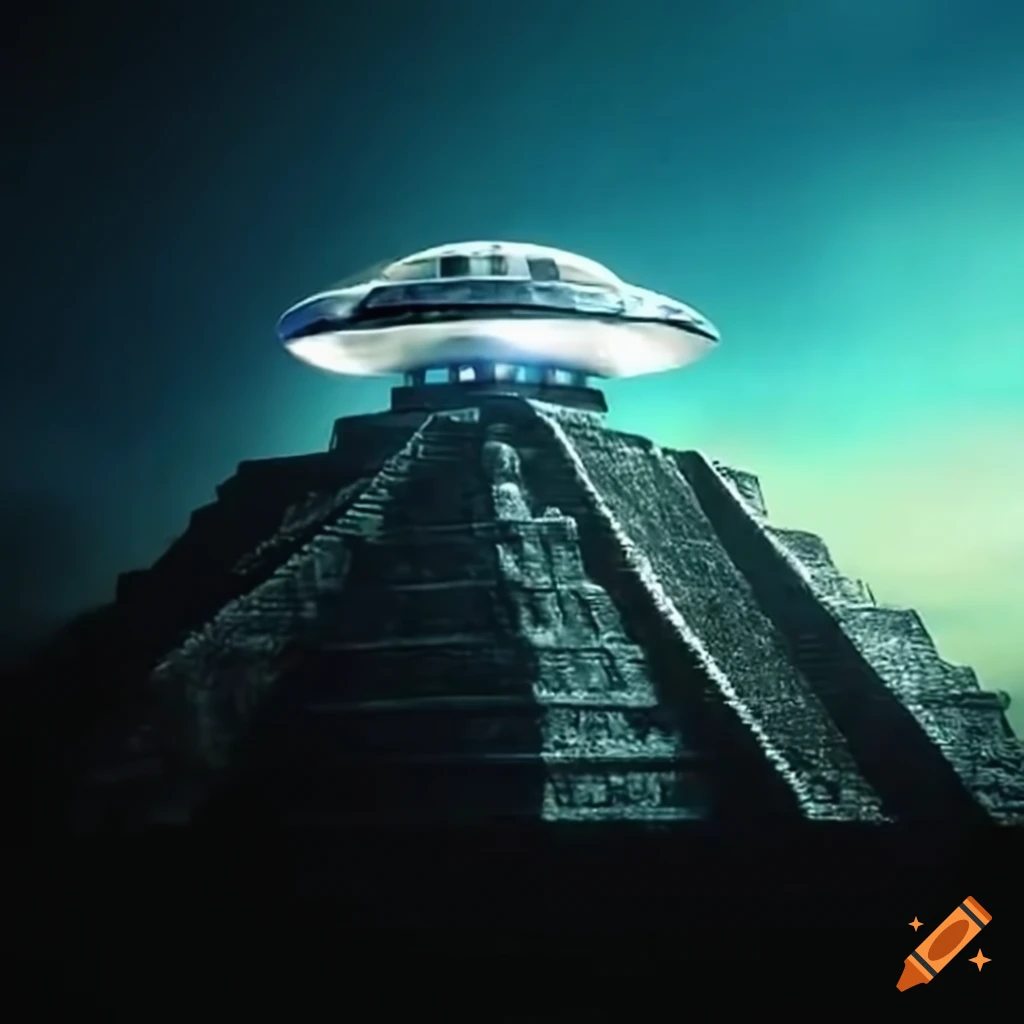 Ufo flying over the mayan ruins on Craiyon