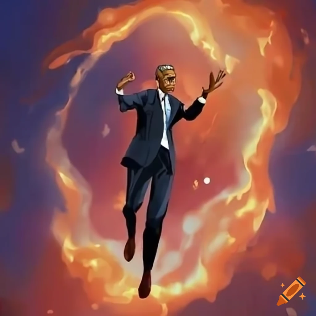 Barack obama with fiery aura floating in the air (anime style) on Craiyon