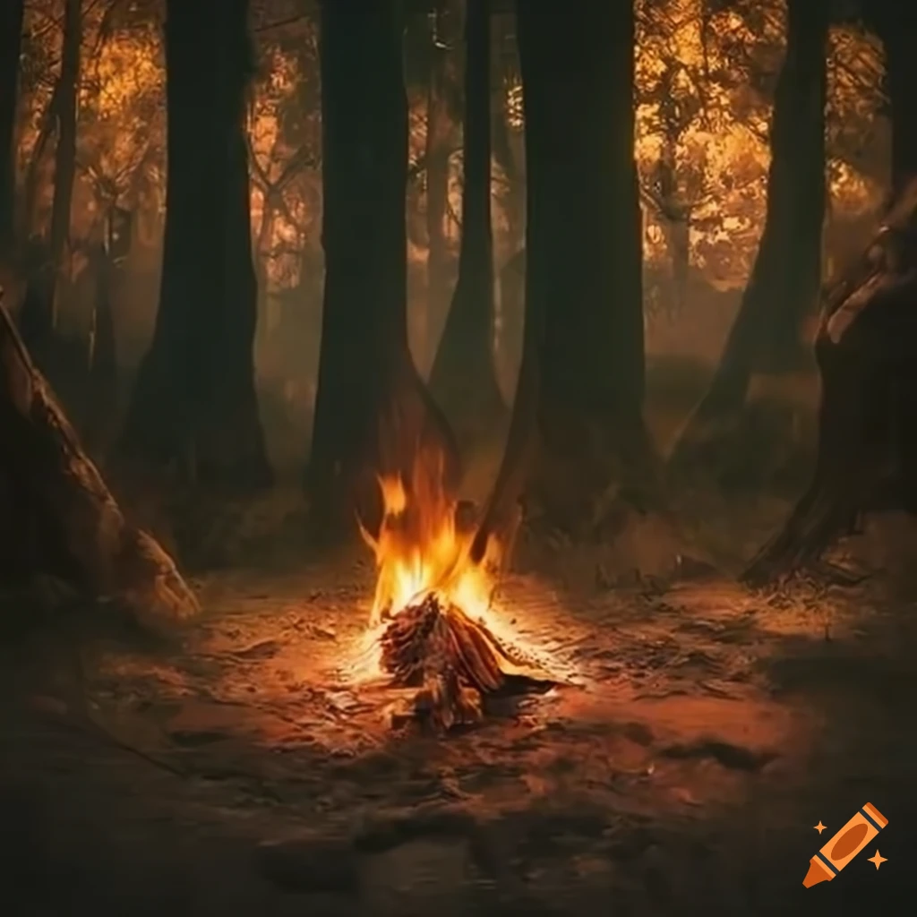 Camp fire in a medieval rpg fantasy forest on Craiyon