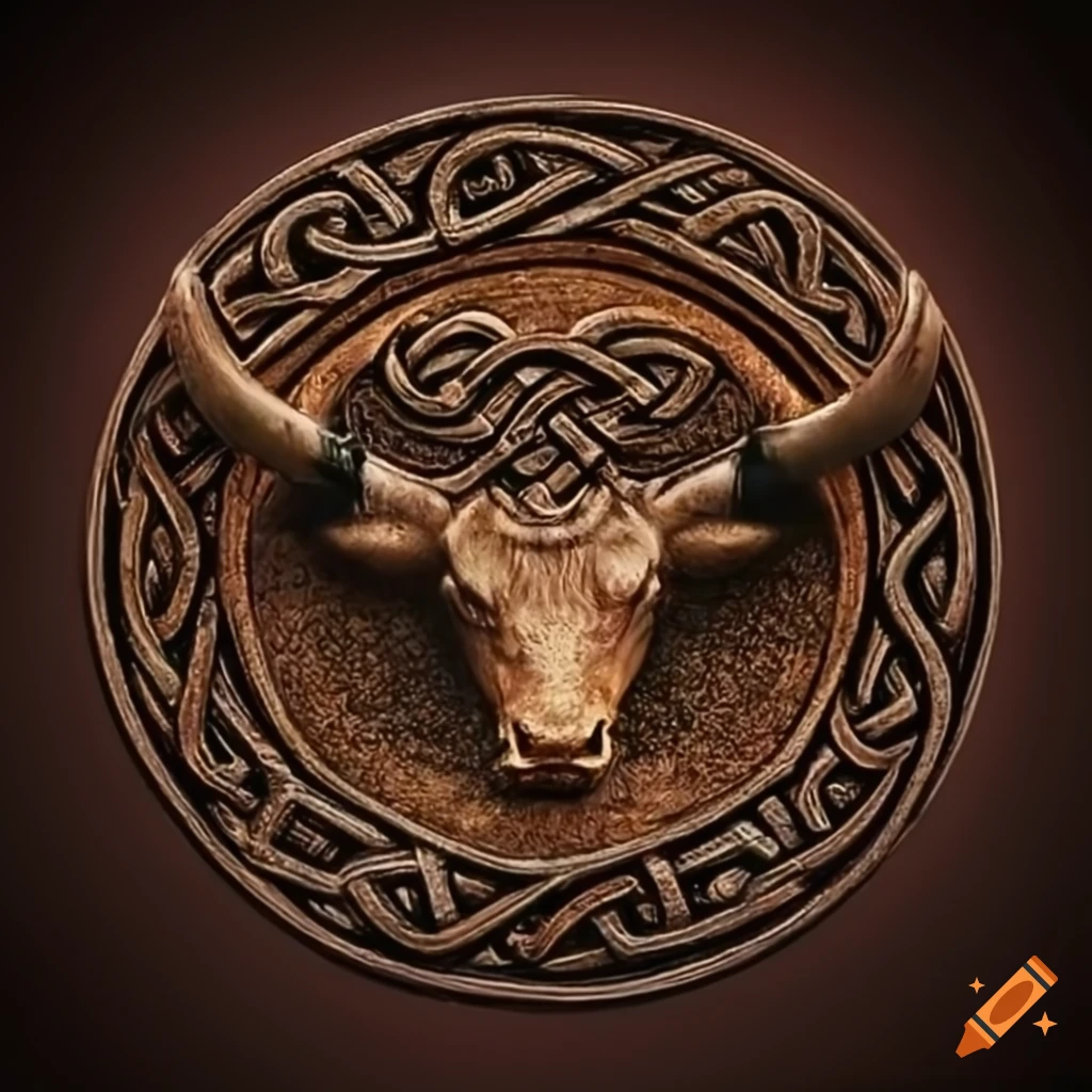 Celtic symbols in a circle around a bull's head on Craiyon
