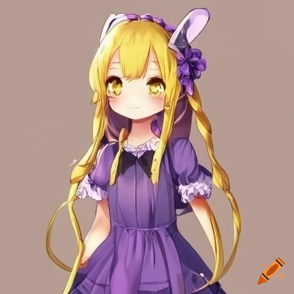 Anime rabbit girl with yellow eyes, braided hair, and purple mini dress ...