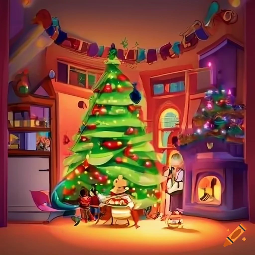 Family decorating a new year tree in Pixar style on Craiyon