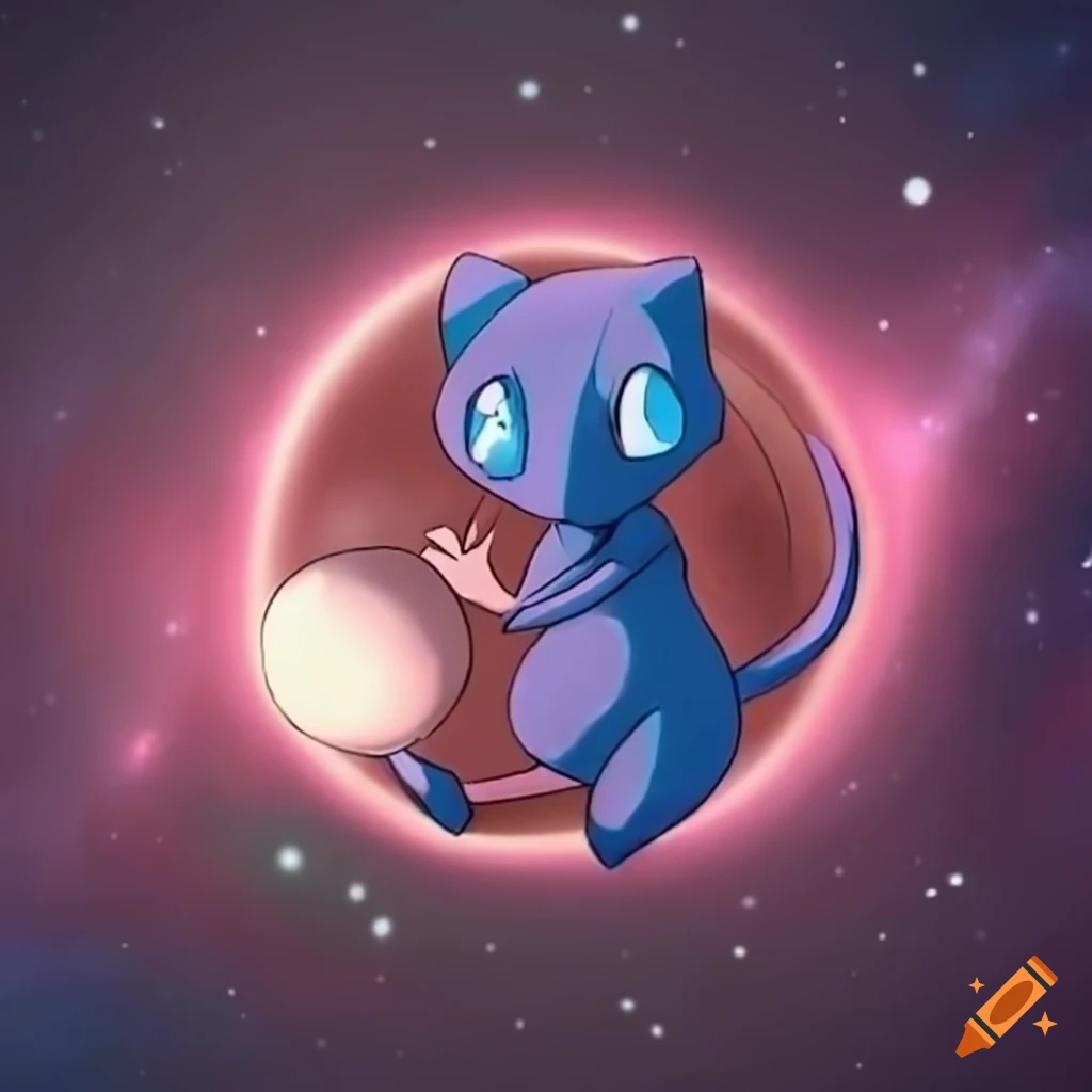 Mew pokemon in space holding a tiny planet on Craiyon