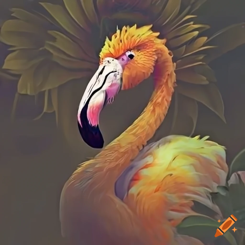 Digital art of a sunflower flamingo in a mysterious forest on Craiyon