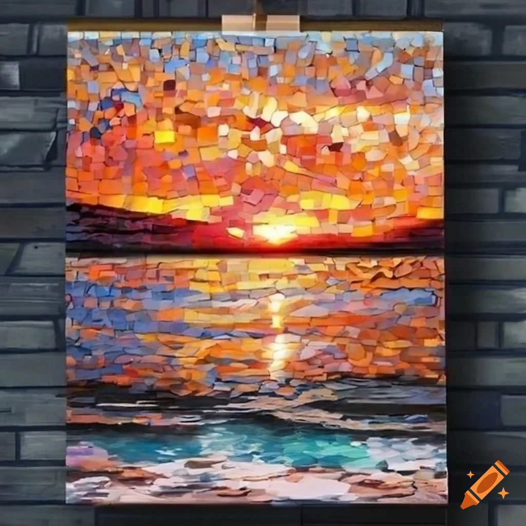 Stunning sunset mosaic painting illuminating a serene ocean landscape ...