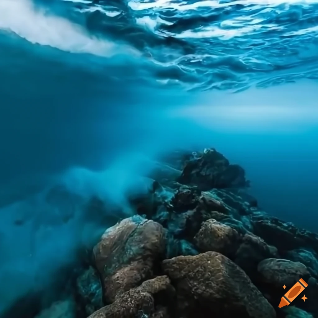 Deep blue ocean with waves crashing on rocky shore on Craiyon