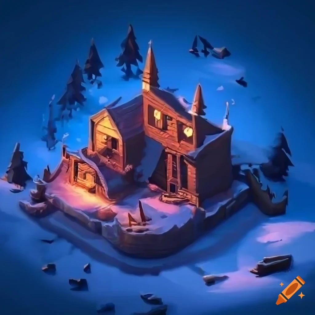 Detailed isometric winter village at sunset with increasing depth and perspective on Craiyon