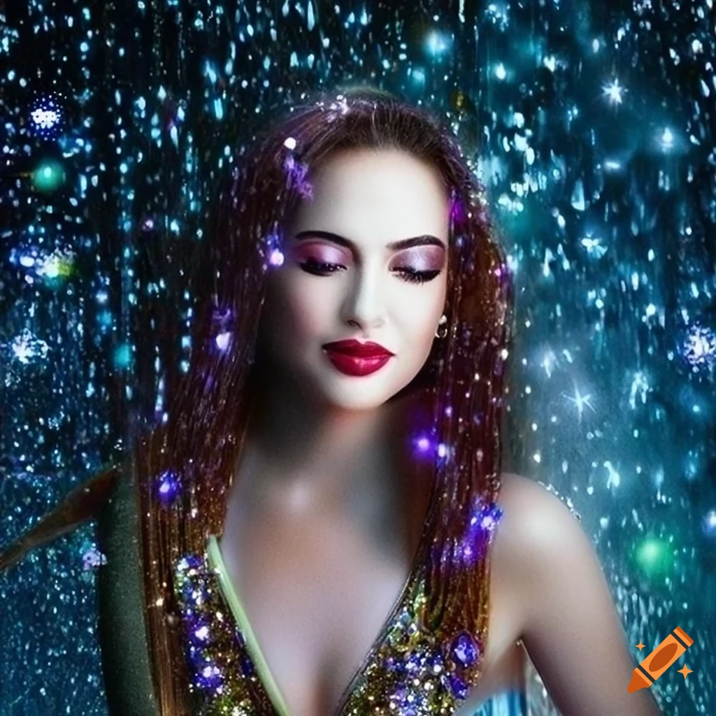 Hyperrealistic illustration of a woman standing in glittery rain on Craiyon